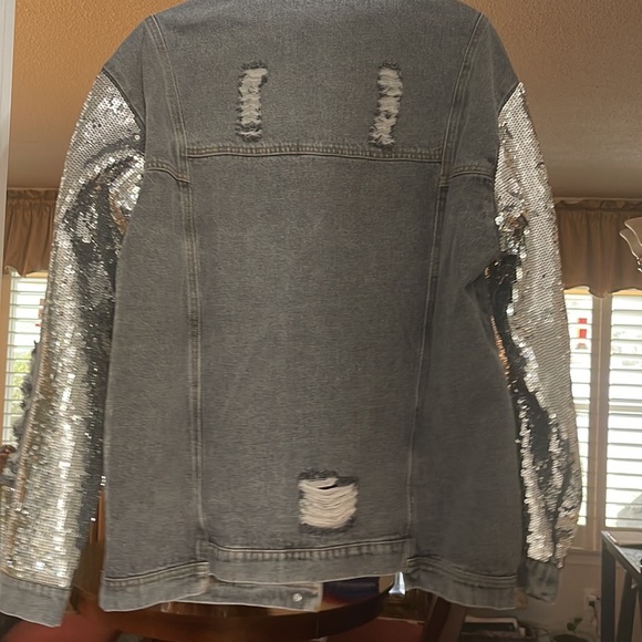 MACARON | Jackets & Coats | Wash Gray Sequin Sleeves Denim Jacket | Poshmark